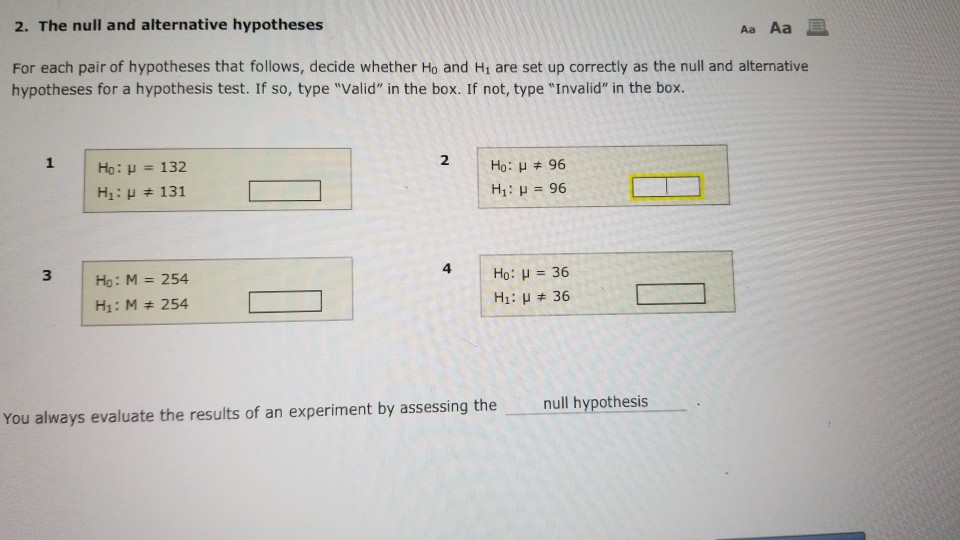 Solved 2. The null and alternative hypotheses Aa Aa For each | Chegg.com