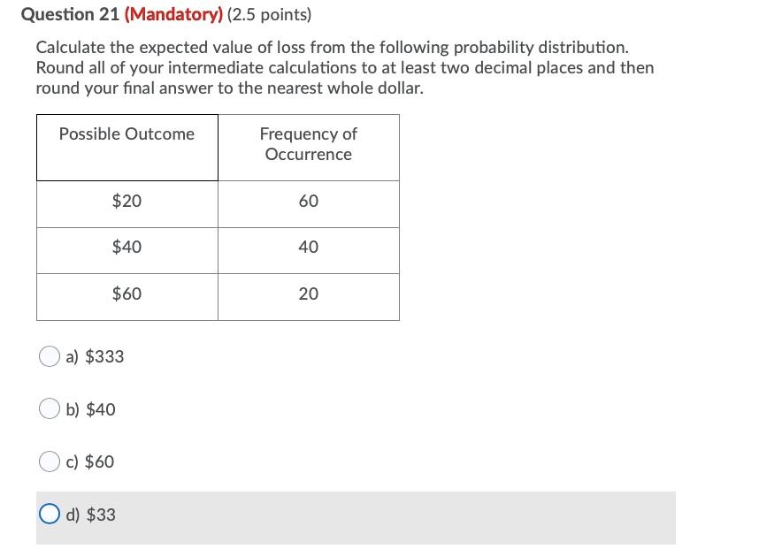 Solved Question 21 (Mandatory) (2.5 points) Calculate the | Chegg.com