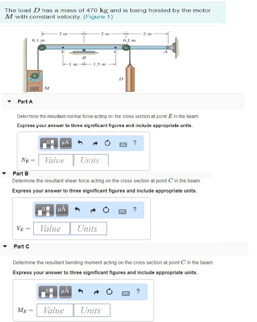 Solved The load D has a mass of 470 kg and is being hoisted | Chegg.com