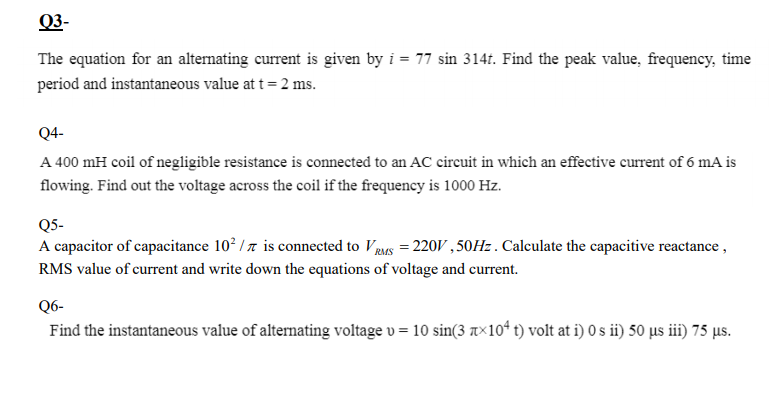 Solved 03- The equation for an alternating current is given | Chegg.com