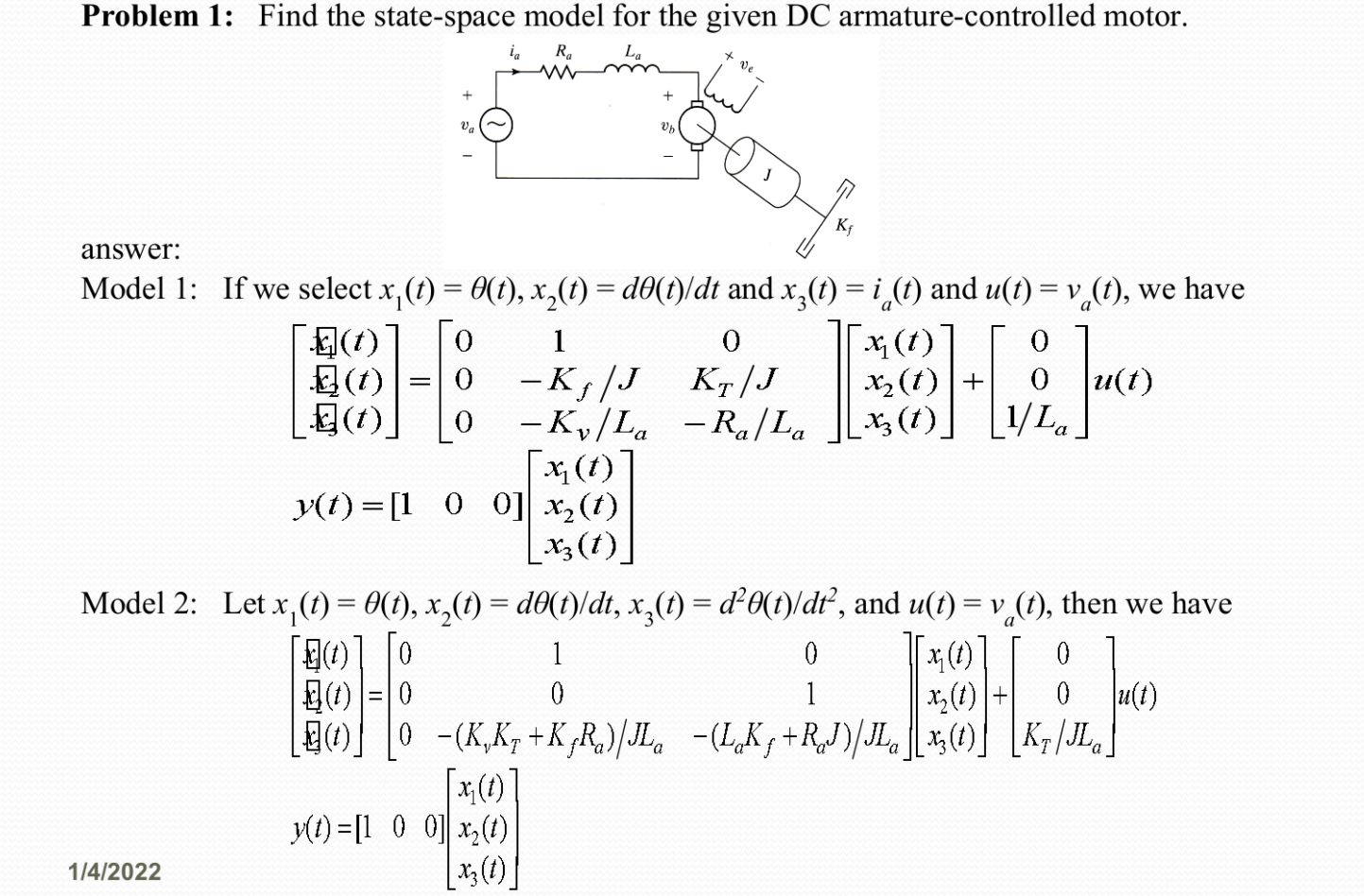 Solved Problem 1: Find the state-space model for the given | Chegg.com