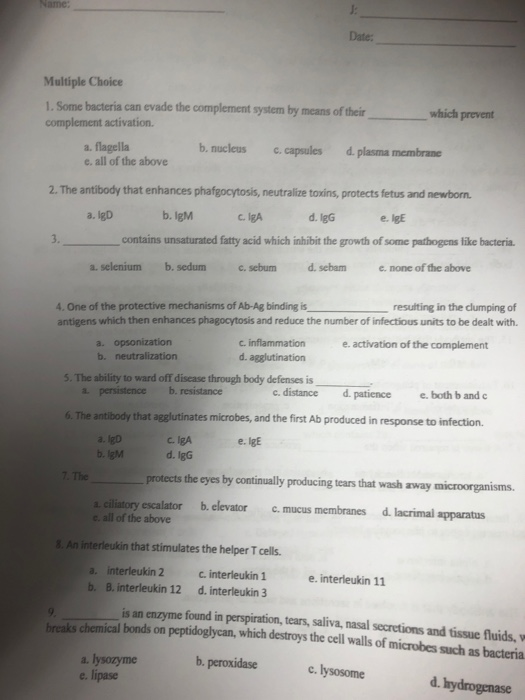 Solved Date Multiple Choice 1. Some complement activation. | Chegg.com