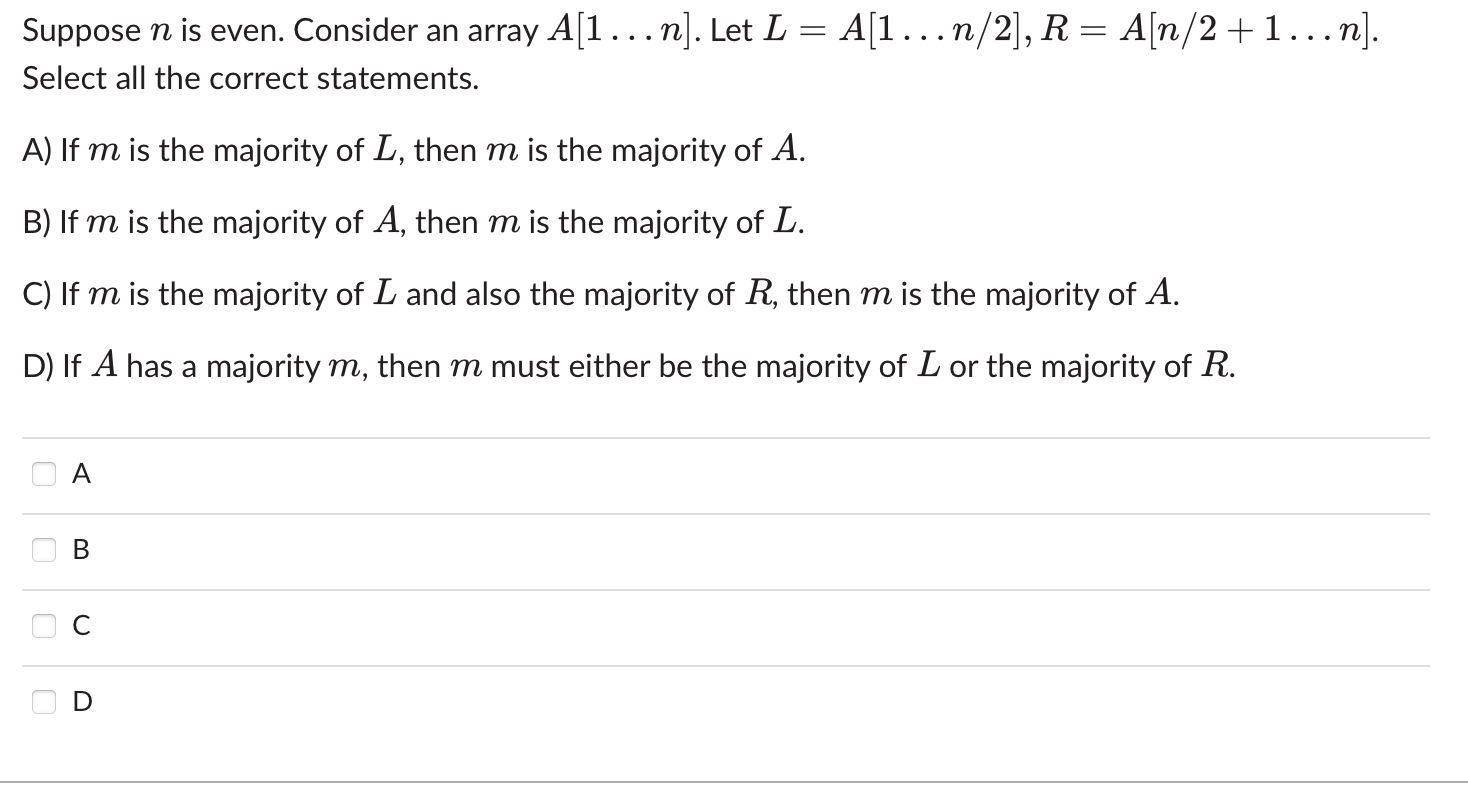 Solved Suppose n is even. Consider an array A[1…n]. Let | Chegg.com