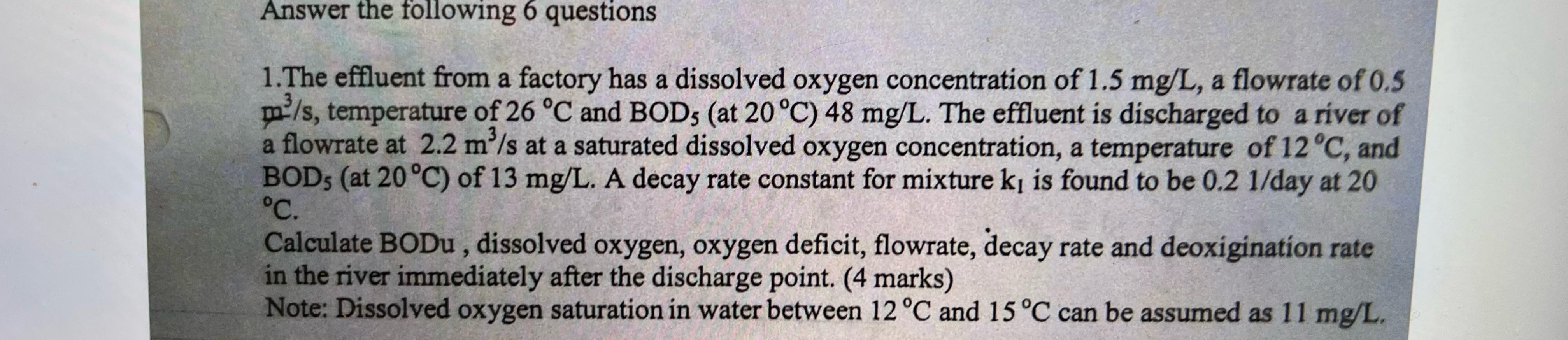 Solved 1.The effluent from a factory has a dissolved oxygen | Chegg.com