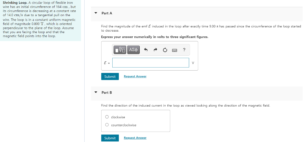 Solved Part A Shrinking Loop. A circular loop of flexible | Chegg.com