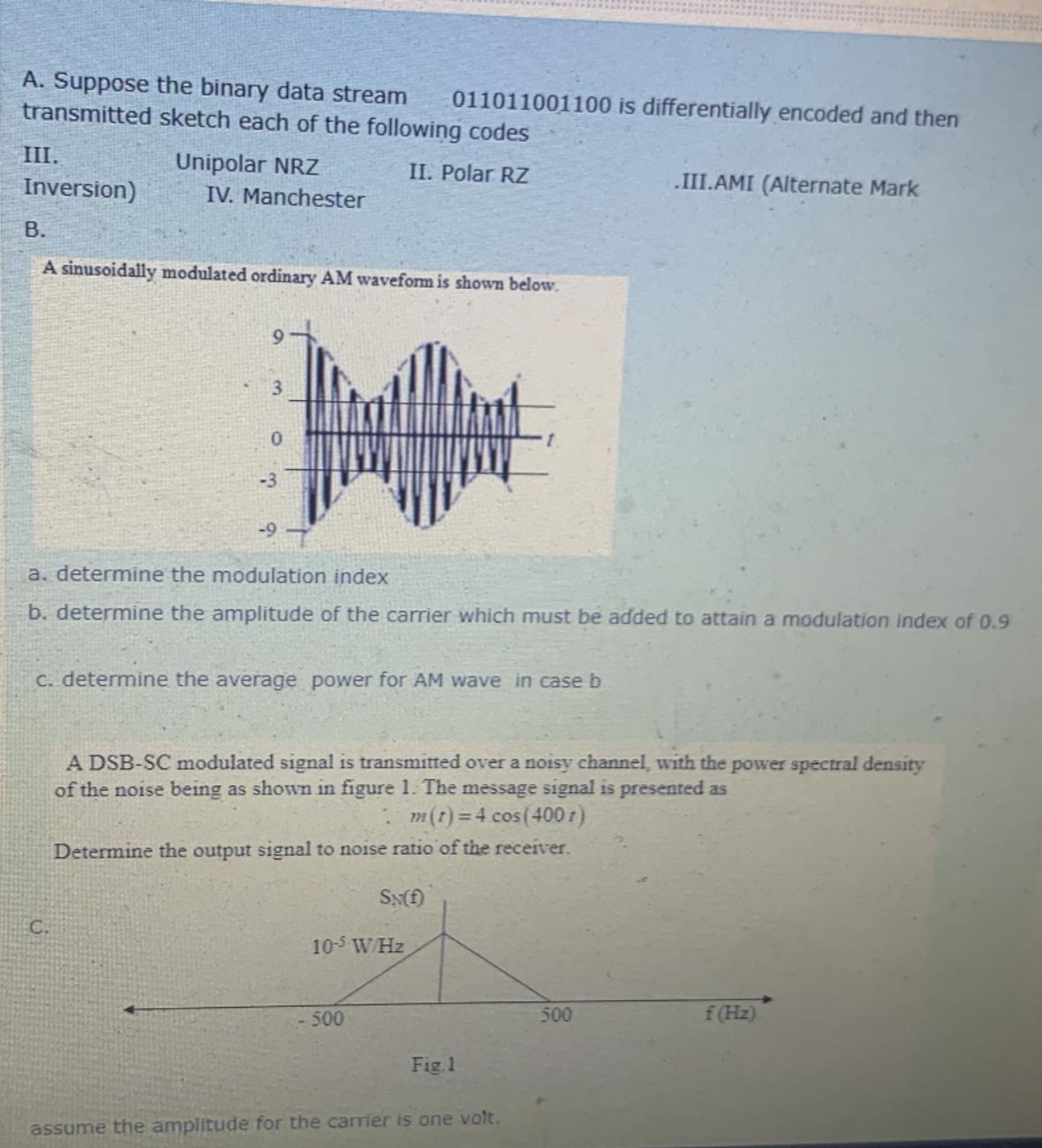 Solved B.A sinusoidally modulated ordinary AM waveform is | Chegg.com