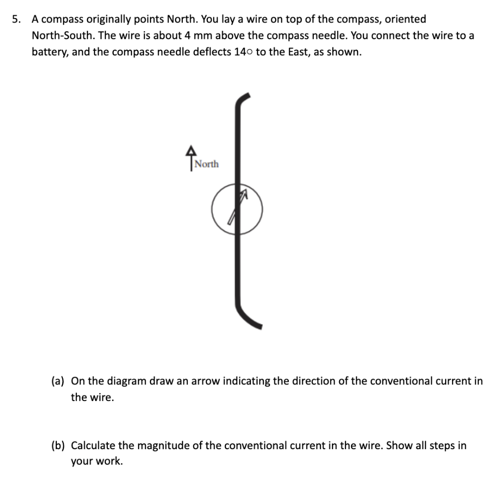 Solved 5. A compass originally points North. You lay a wire | Chegg.com