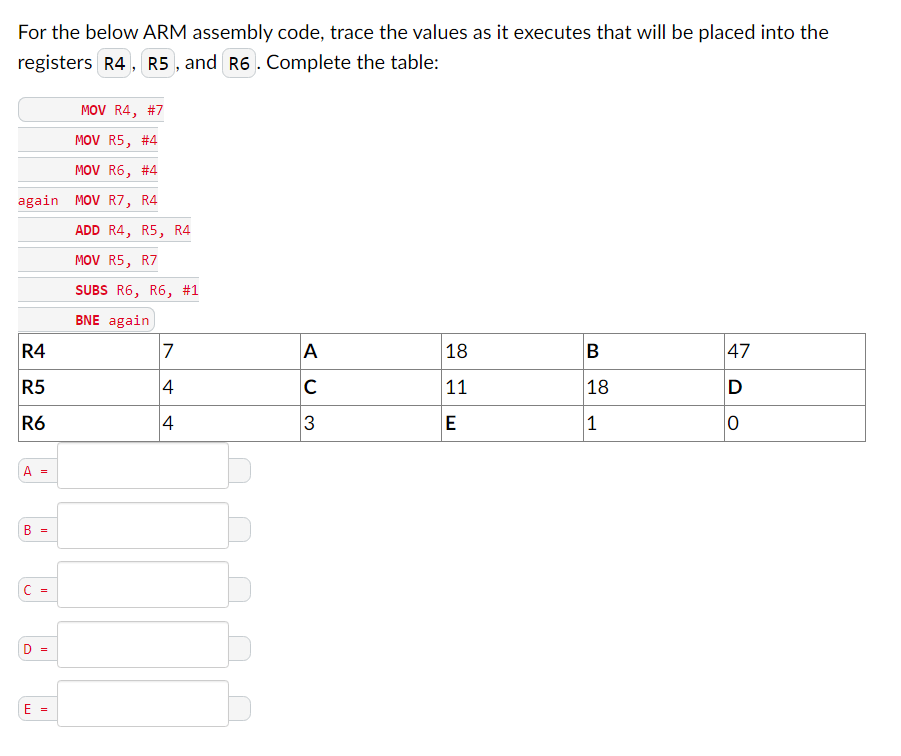 Solved For the below ARM assembly code, trace the values as | Chegg.com