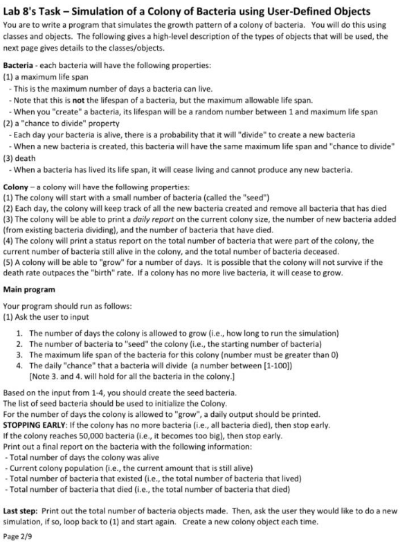 Solved Lab 8's Task - Simulation of a Colony of Bacteria | Chegg.com