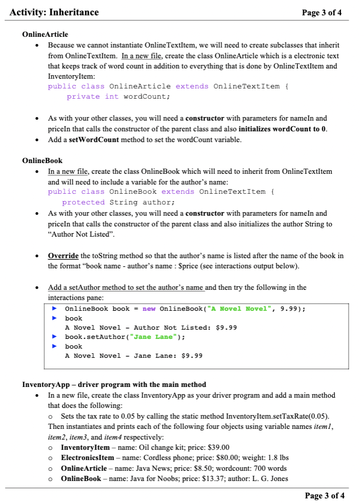 Solved Activity: Inheritance Page 1 of 4 Goals: By the end | Chegg.com
