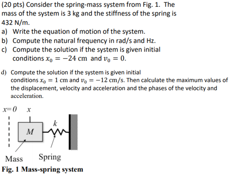 Solved (20 pts) Consider the spring-mass system from Fig. 1. | Chegg.com