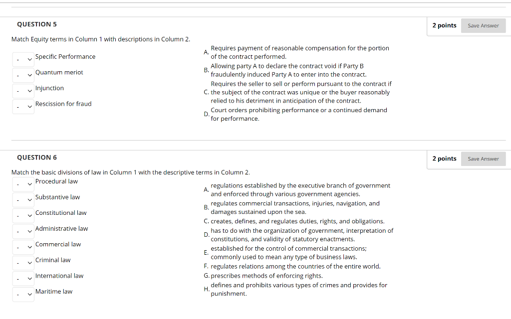Solved QUESTION 5 2 points Save Answer Match Equity terms in | Chegg.com