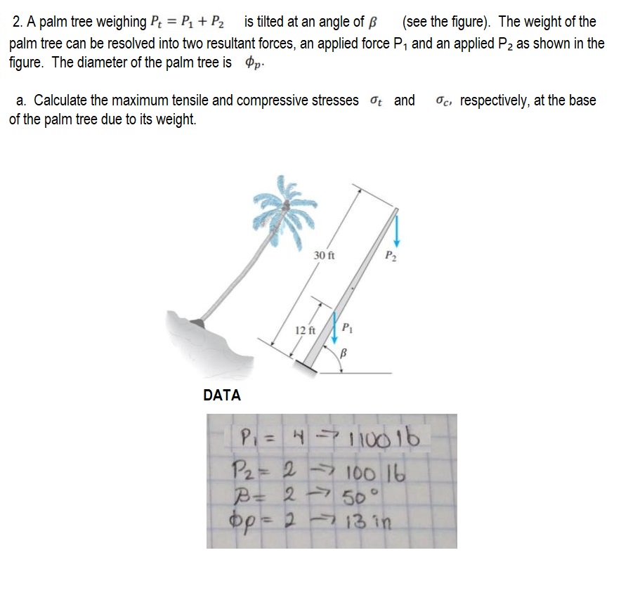 Solved 2. A palm tree weighing Pt=P1+P2 is tilted at an | Chegg.com
