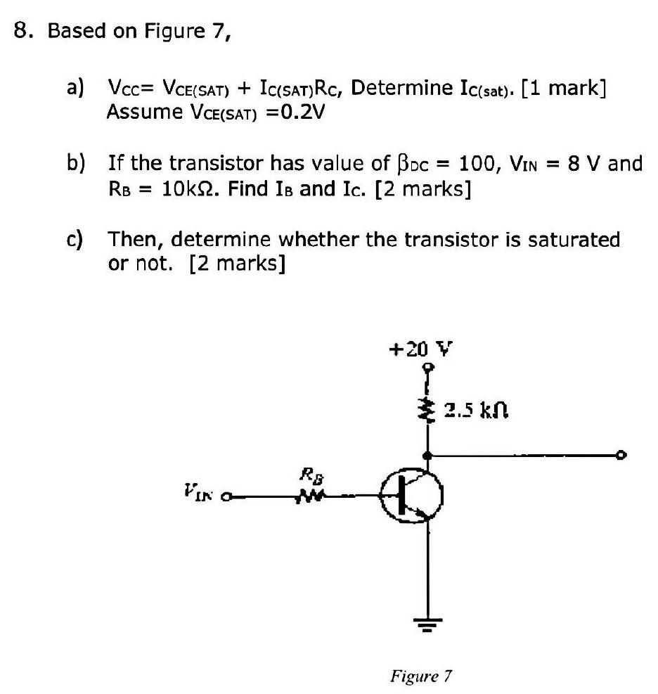 Solved 8. Based on Figure 7, a) Vcc= VCE(SAT) + IC(SAT) Rc, | Chegg.com