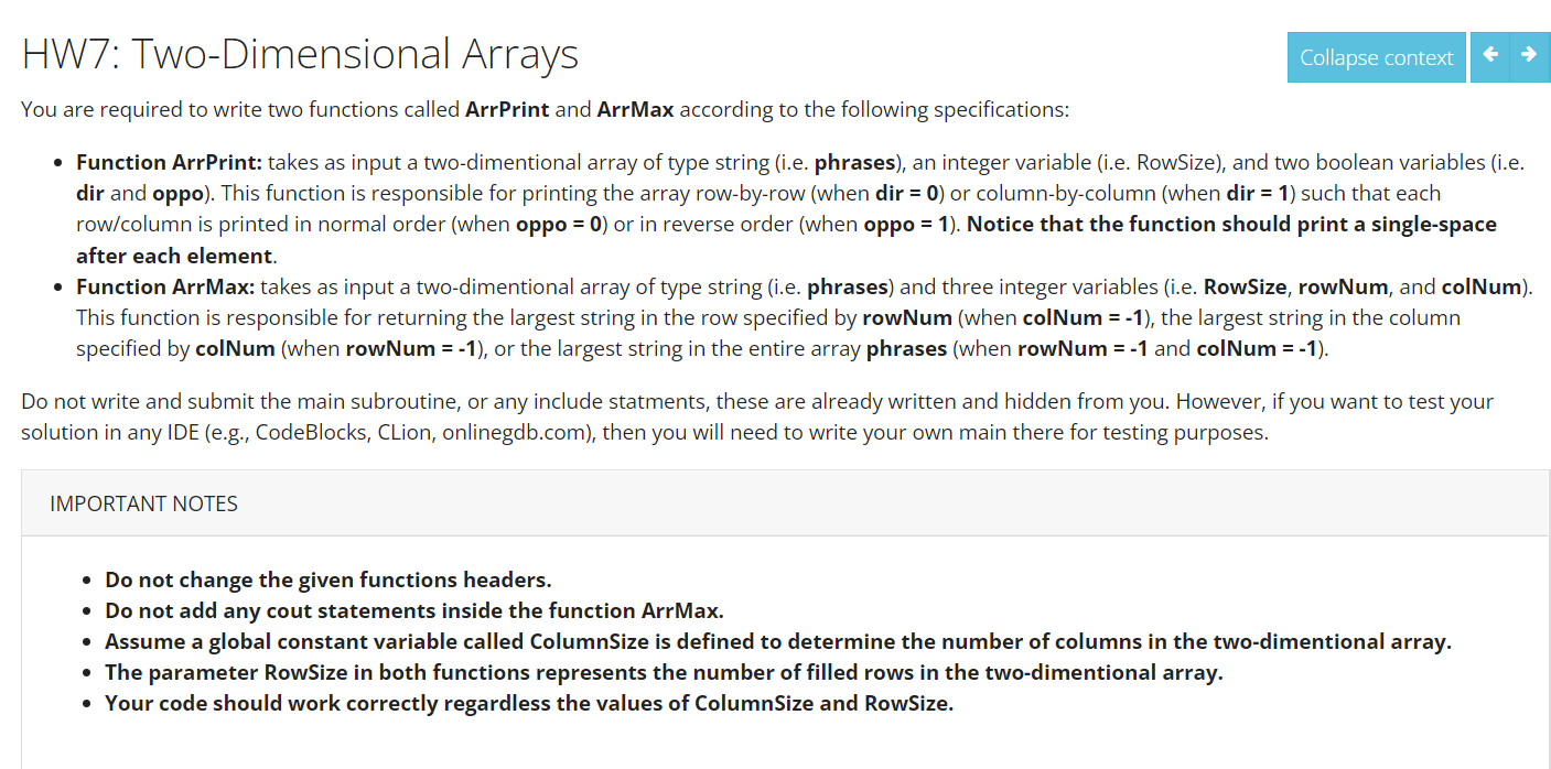 Solved HW7: Two-Dimensional Arrays You are required to write | Chegg.com