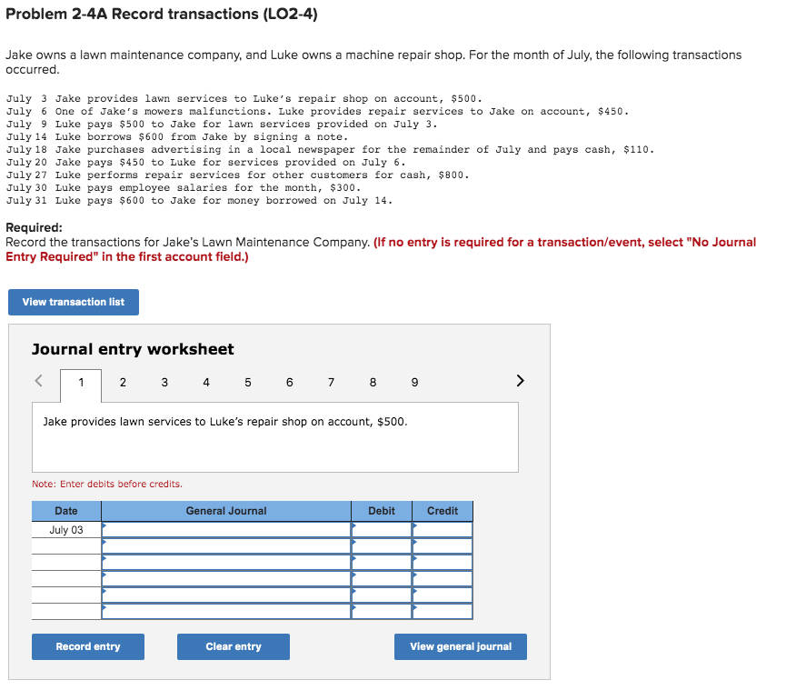 Solved Problem 2-4A Record transactions (LO2-4) Jake owns a | Chegg.com