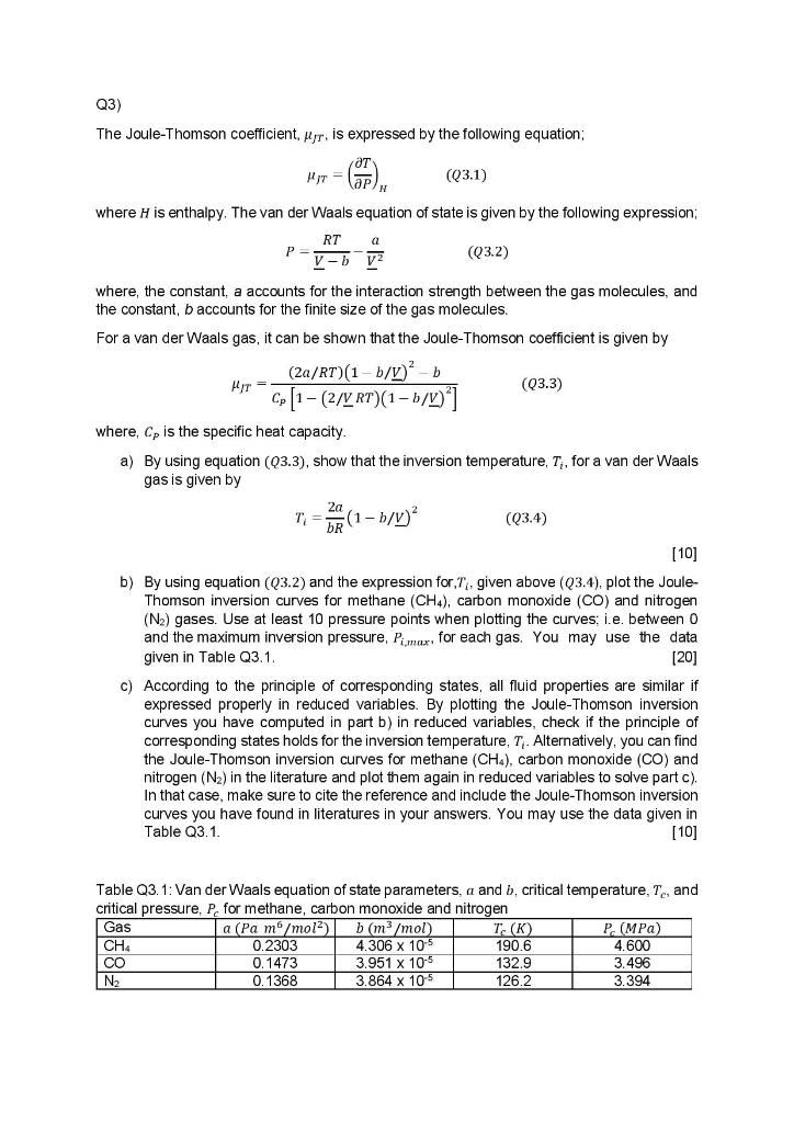 Q3) The Joule-Thomson coefficient, Myr, is expressed | Chegg.com