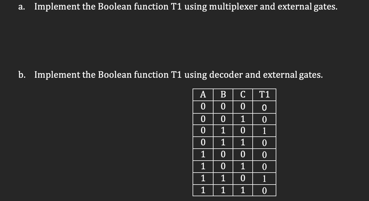 Solved a. Implement the Boolean function T2 using | Chegg.com