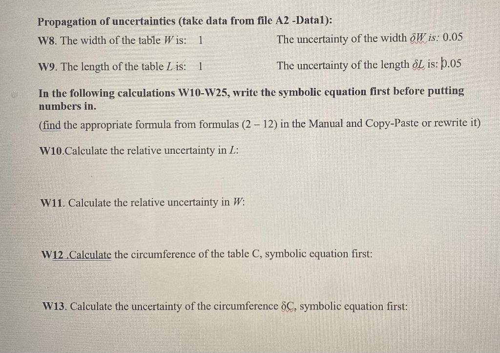 Solved Propagation of uncertainties (take data from file A2 | Chegg.com