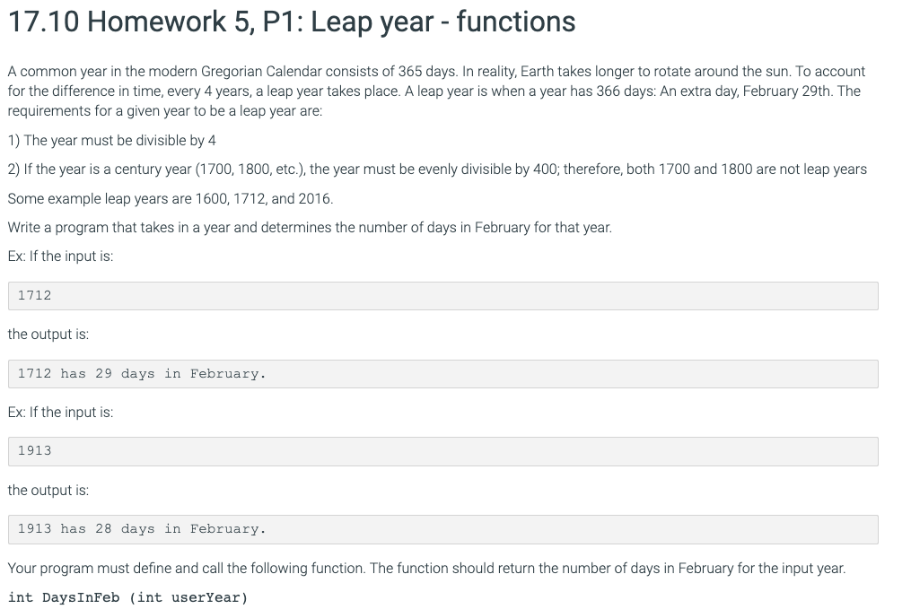 Solved 17.10 Homework 5, P1: Leap year - functions A common | Chegg.com