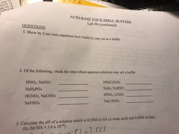 Solved ACID-BASE EQUILIBRIA: BUFFERS Lab #6 (continued) | Chegg.com