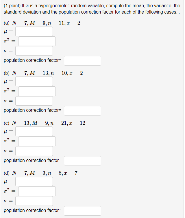 Solved (1 point) If z is a hypergeometric random variable, | Chegg.com