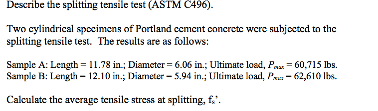 Solved Describe the splitting tensile test (ASTM C496). Two | Chegg.com