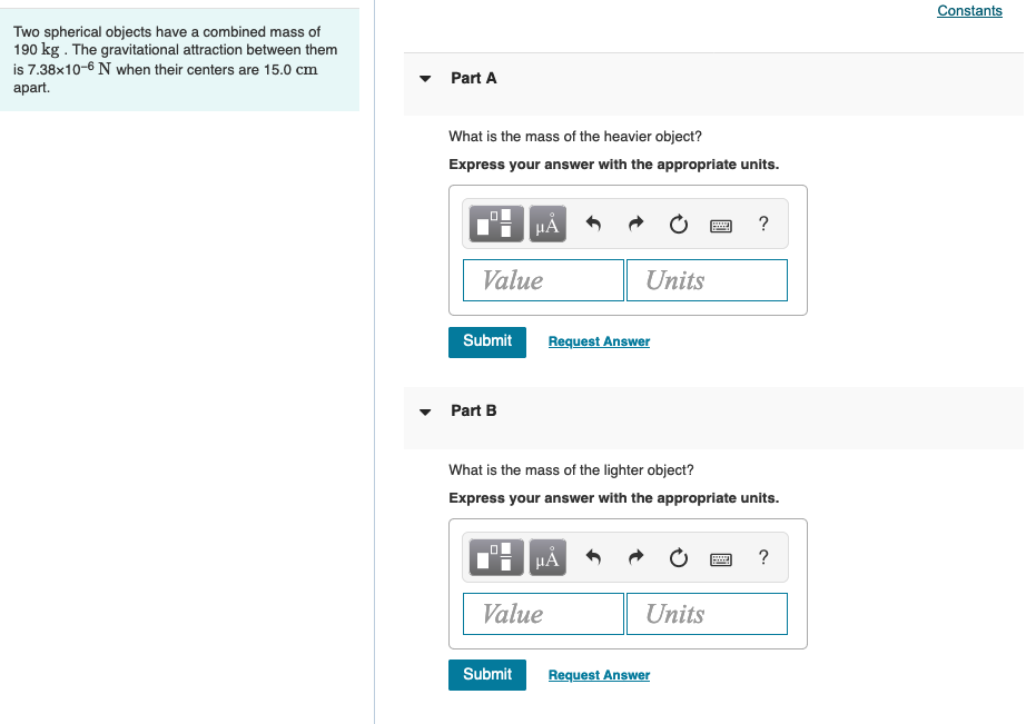 Solved Constants Two spherical objects have a combined mass | Chegg.com