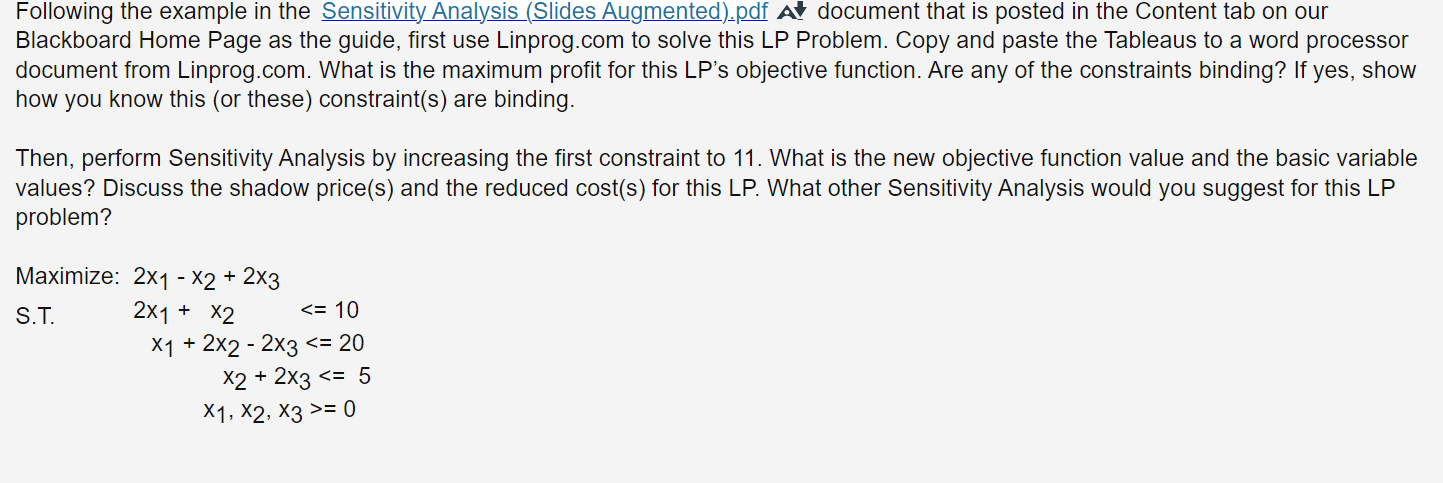 Solved Following the example in the Sensitivity_Analysis | Chegg.com
