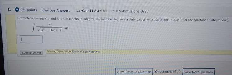 Solved 8 +0/1 points Previous Answers LarCalc11 8.4.036. | Chegg.com