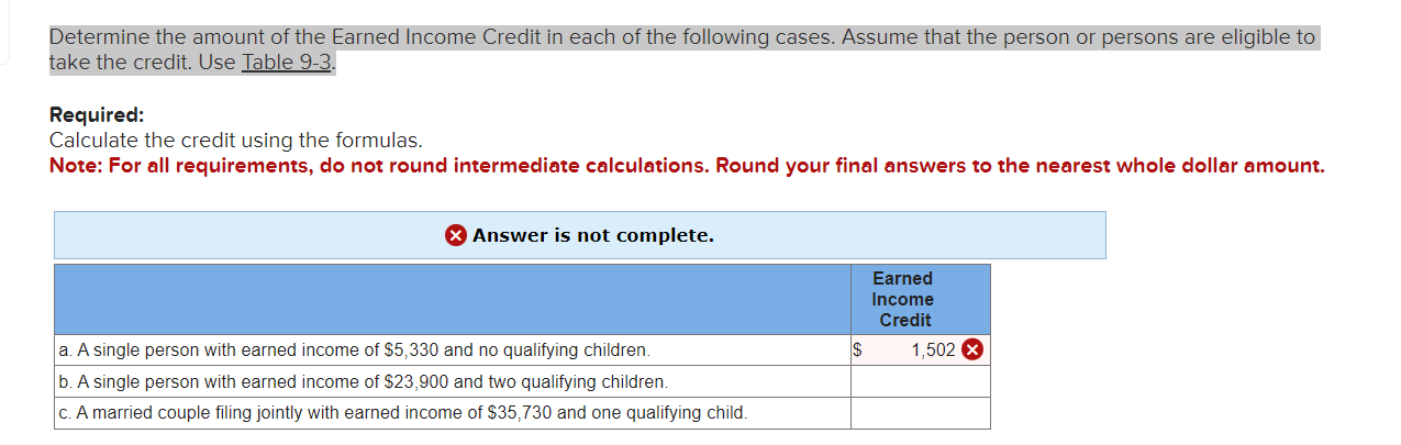 Solved Determine the amount of the Earned Income Credit in | Chegg.com