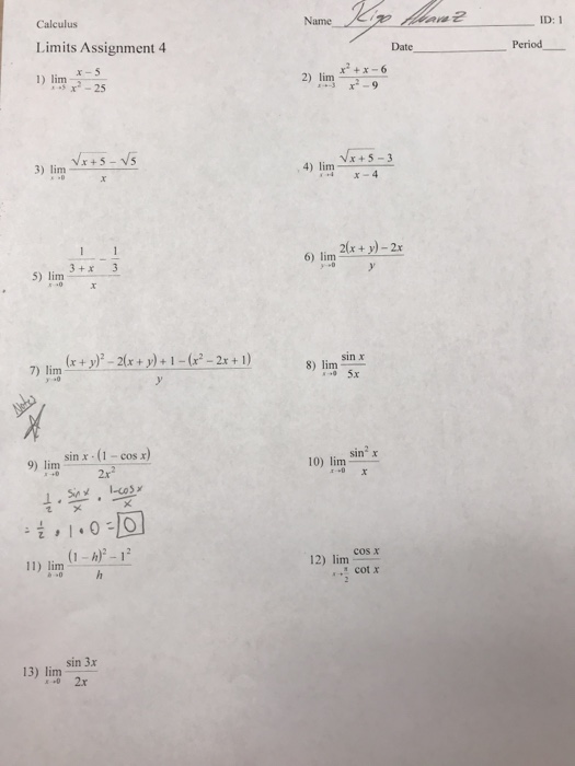Solved Calculus Name ID: 1 Limits Assignment 4 Date Period | Chegg.com