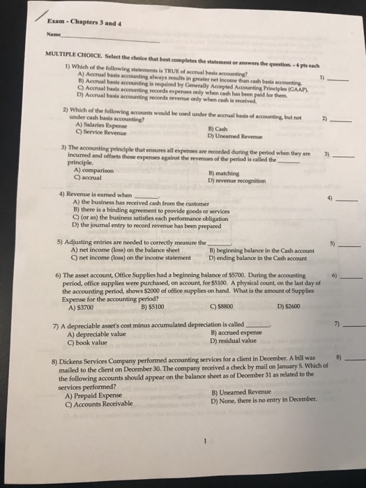 Solved Exam -Chapters 3 and 4 MULTIPLE CHOICE. Select the | Chegg.com