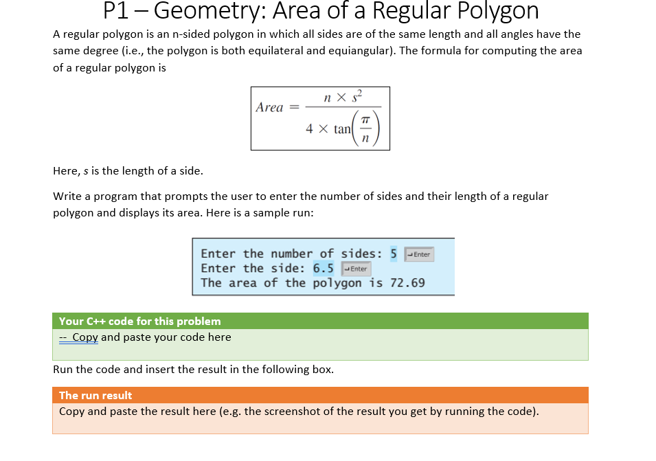 Solved P1 - Geometry: Area of a Regular Polygon A regular | Chegg.com