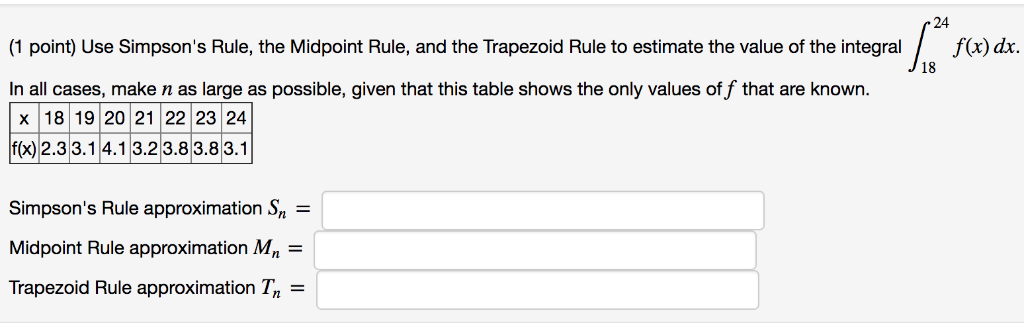 Solved 24 (1 point) Use Simpson's Rule, the Midpoint Rule, | Chegg.com