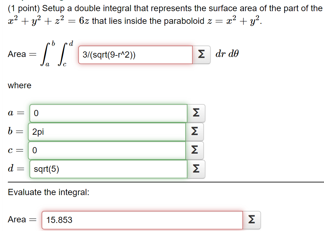 Solved (1 ﻿point) ﻿Setup a double integral that represents | Chegg.com