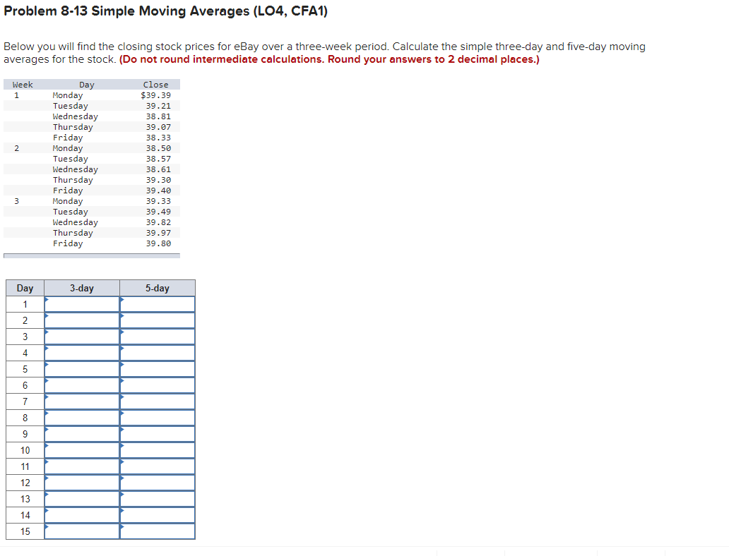 Solved Problem 8-13 Simple Moving Averages (LO4, CFA1) Below | Chegg.com
