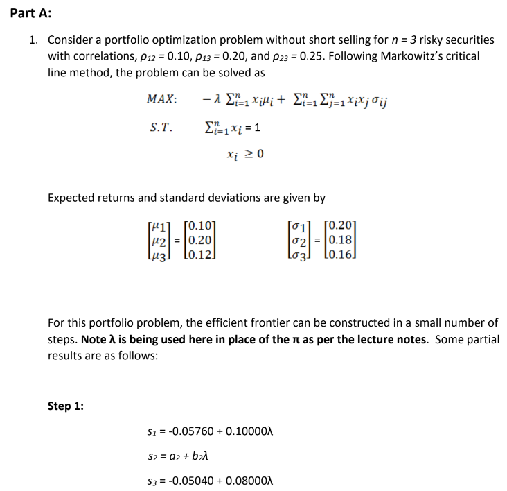 Solved 1. Consider a portfolio optimization problem without | Chegg.com