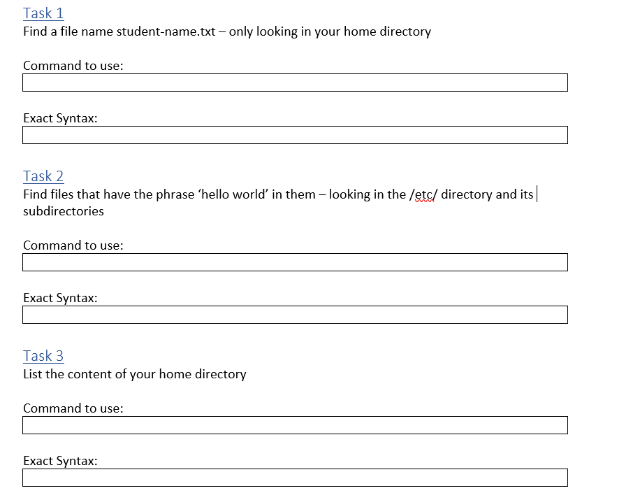 Solved Task 1 Find a file name student-name.txt - only | Chegg.com