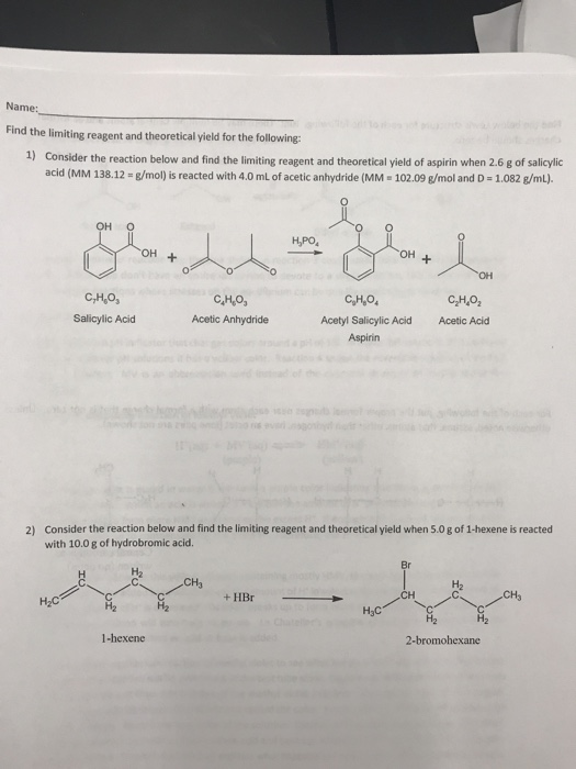 Solved Name: Find the limiting reagent and theoretical yield | Chegg.com