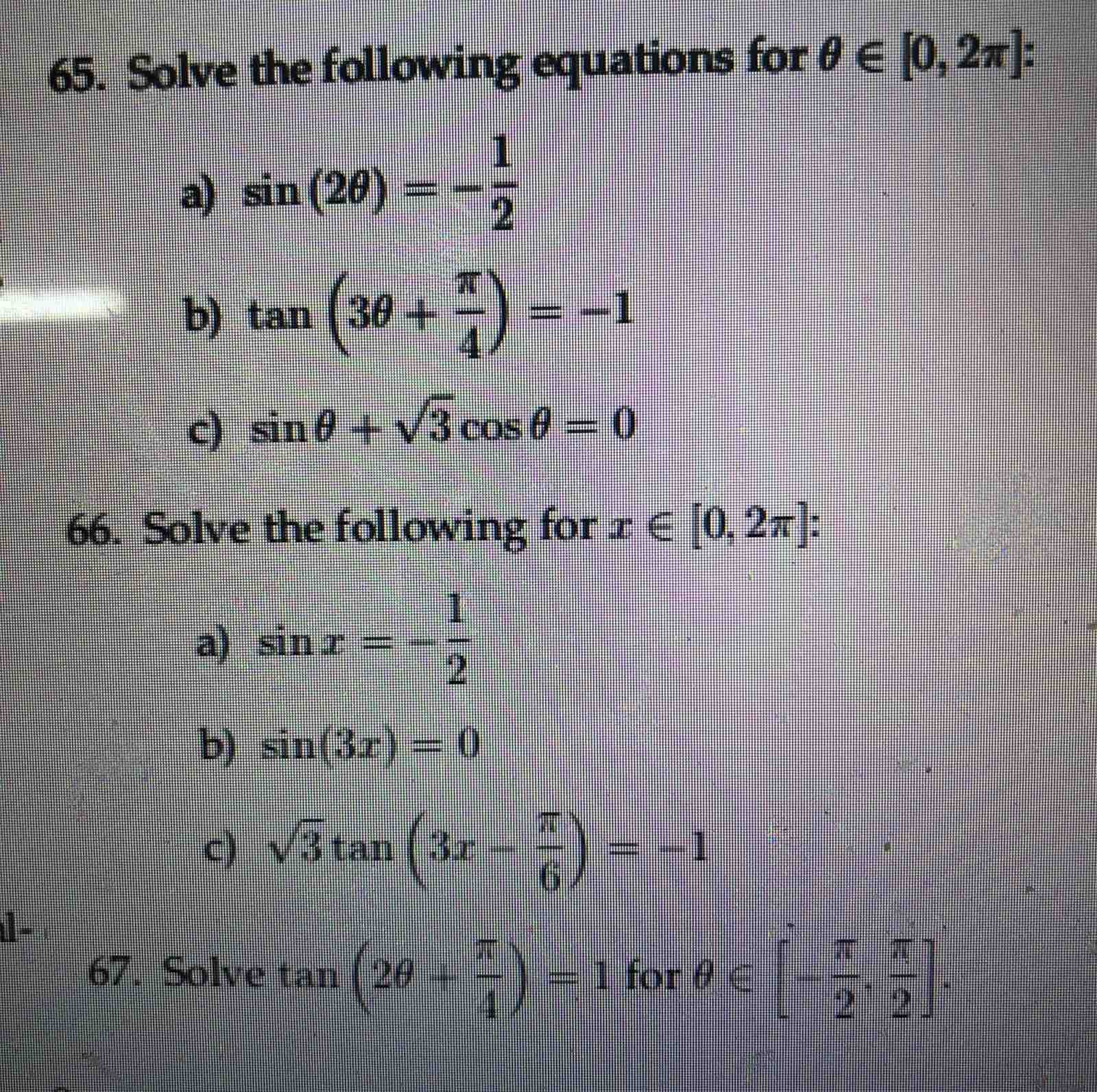 Solved 65. Solve the following equations for θ∈[0,2π] : a) | Chegg.com