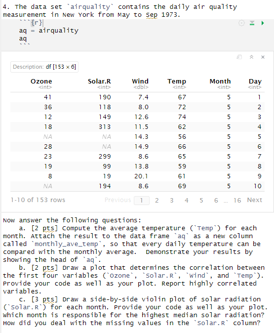 Solved 4. The data set "airquality" contains the daily air | Chegg.com