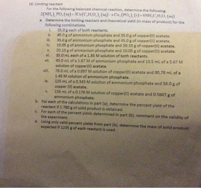 Solved Limiting Reactant For The Following Balanced