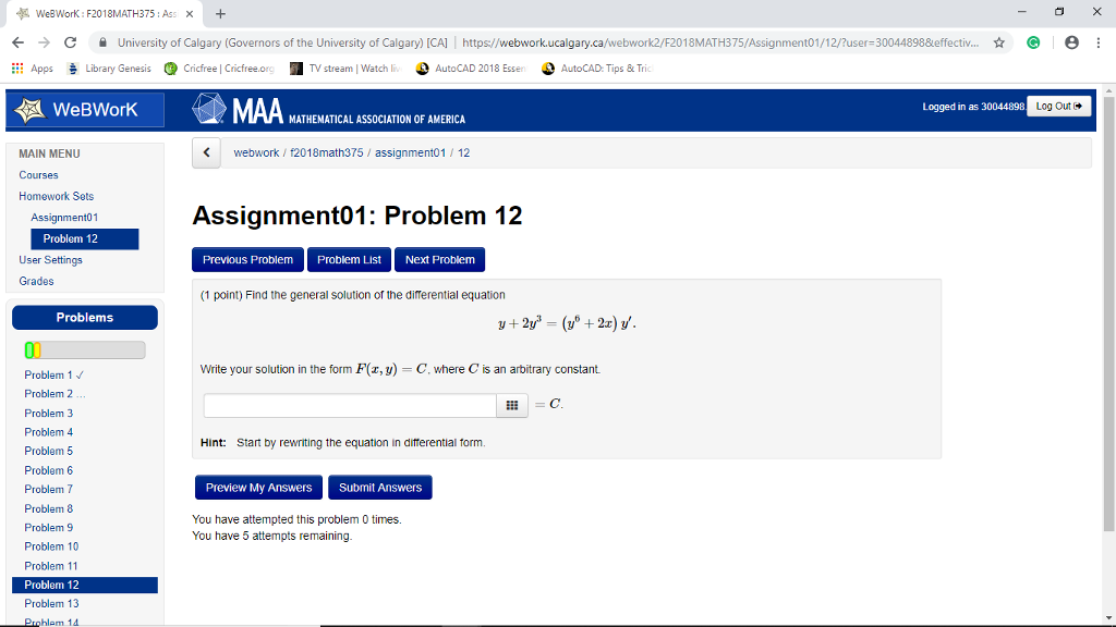 Solved WeBWork: F2018MATH375 : Ass x ← → С 슐 University of | Chegg.com