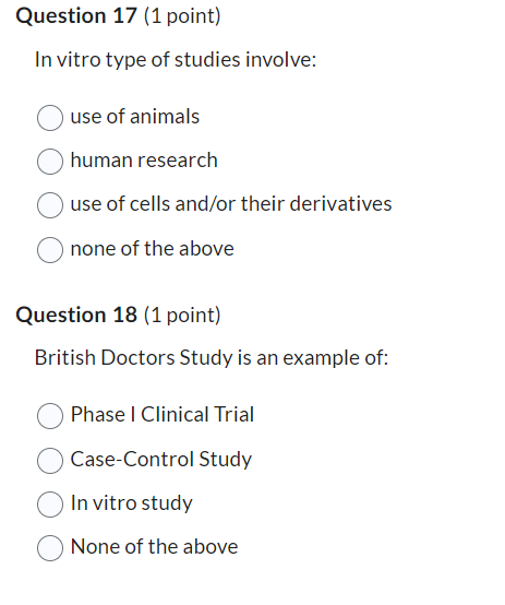 Solved Question 17 (1 ﻿point)In vitro type of studies | Chegg.com