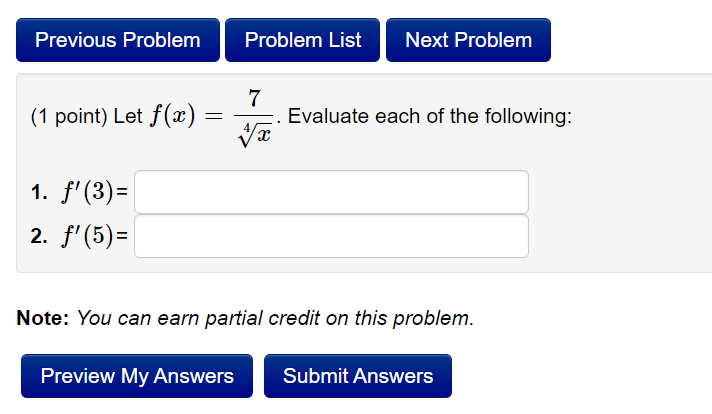 Solved (1 point) Let f(x)=4x7. Evaluate each of the | Chegg.com