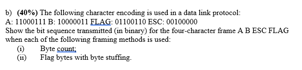 Solved b) (40%) The following character encoding is used in | Chegg.com