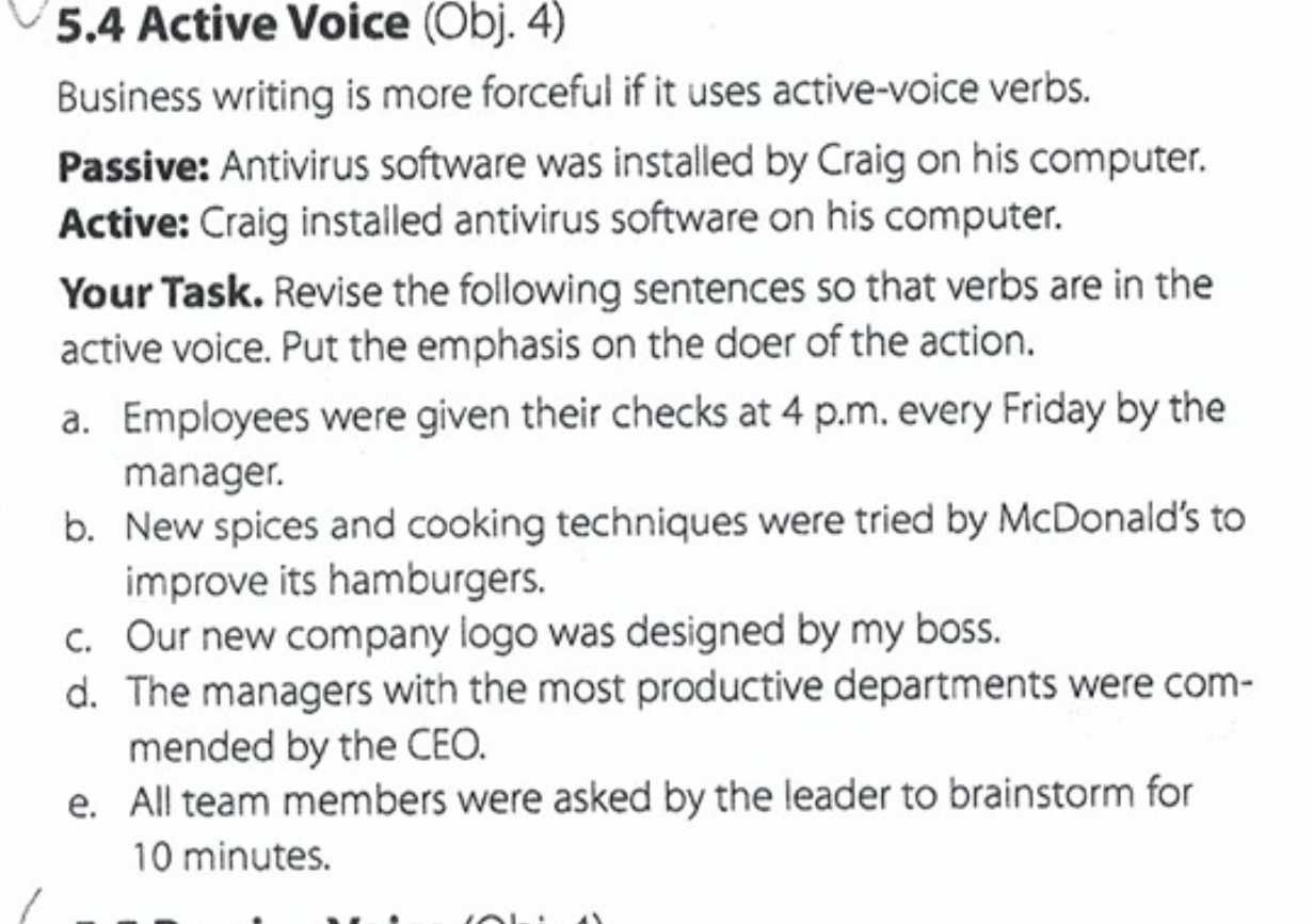 Solved 5.4 Active Voice (Obj. 4) Business writing is more | Chegg.com