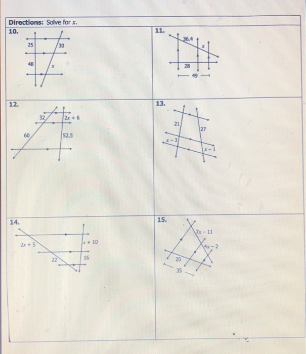 Solved Directions: Solve for x. 11. 10. 36.4 30 25 28 48 13. | Chegg.com