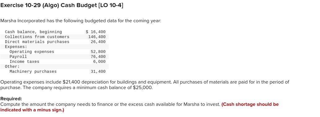 Solved Exercise 10-29 (Algo) Cash Budget (LO 10-4] Marsha | Chegg.com